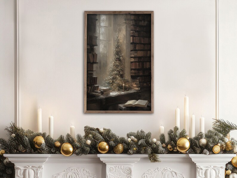 PRINTABLE Christmas Vintage Study Room Print, Moody Library With Xmas ...
