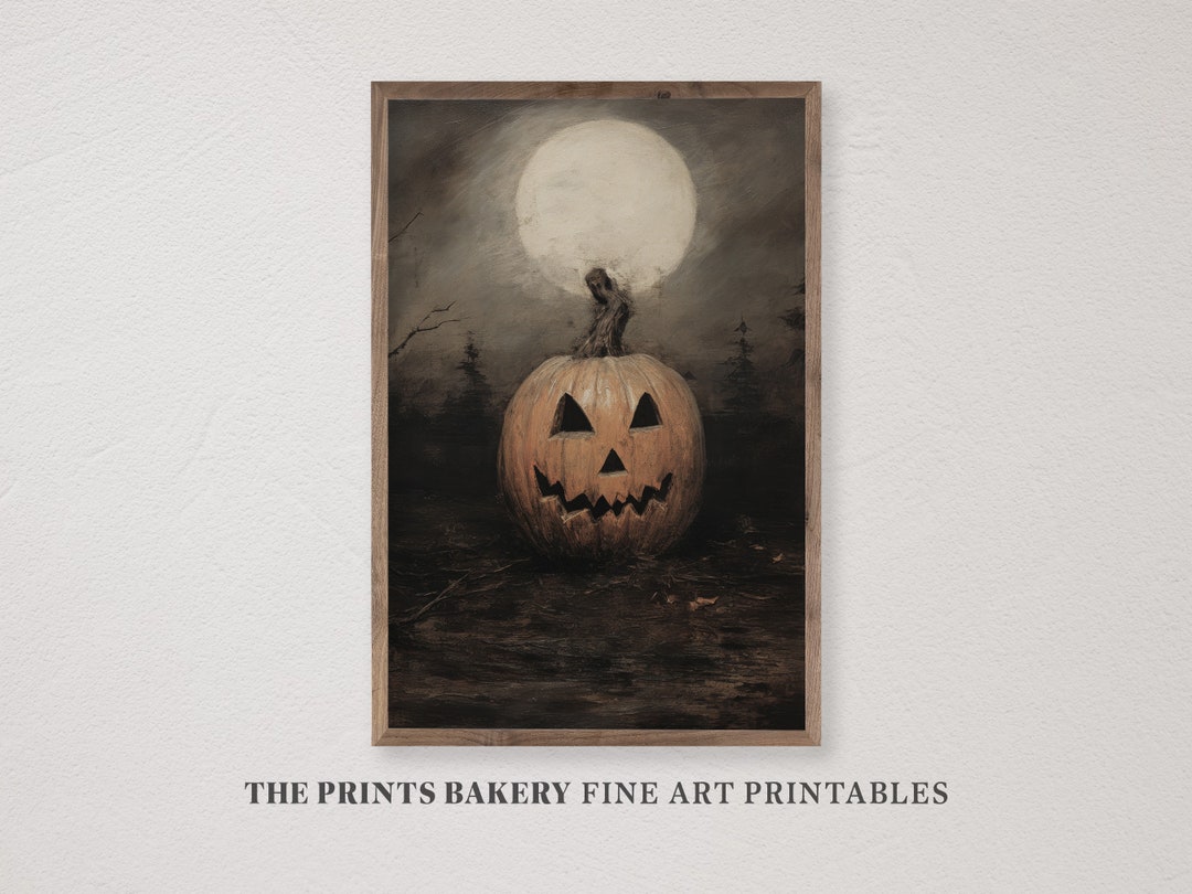 PRINTABLE Halloween Wall Art, Spooky Carved Pumpkin Vintage Painting ...