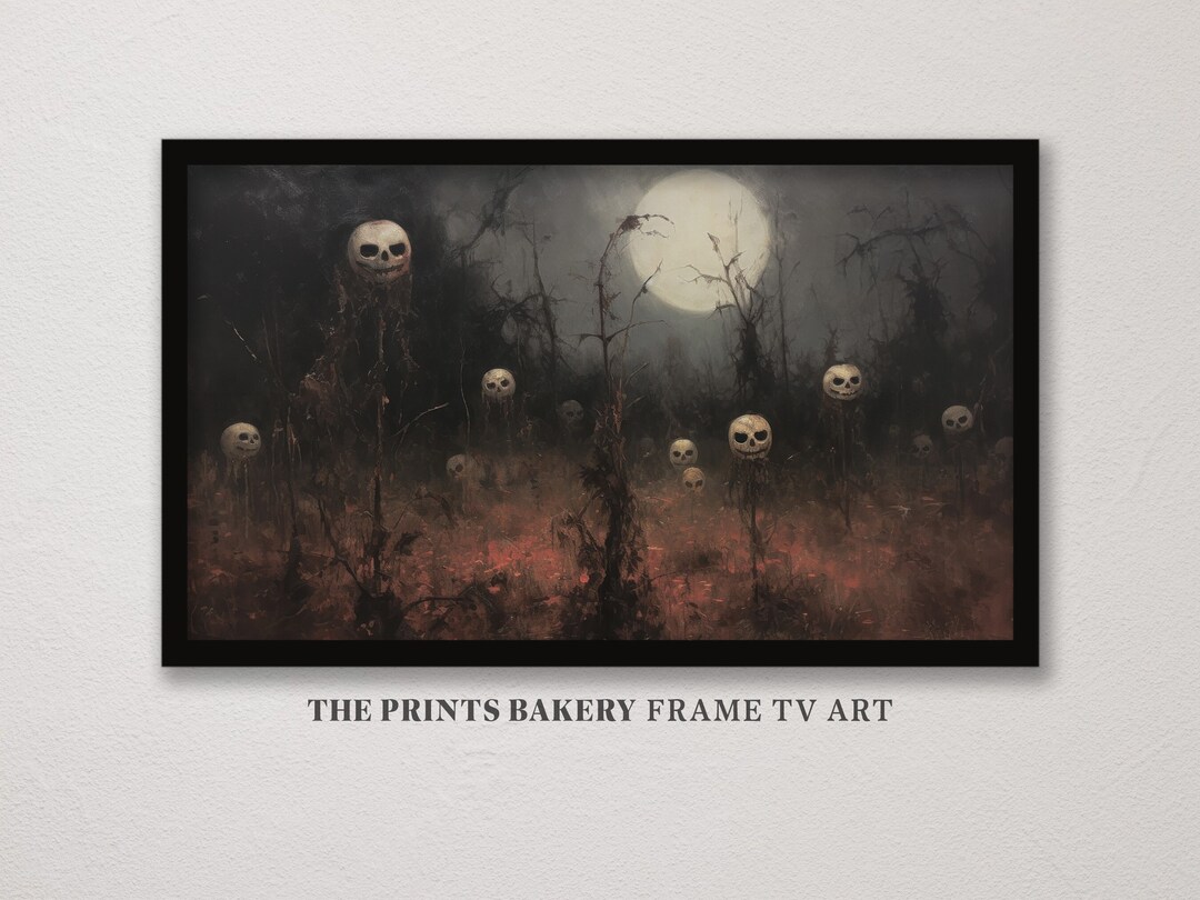 Vintage Halloween Frame TV Art, Spooky Skull Landscape Panting, Trick ...