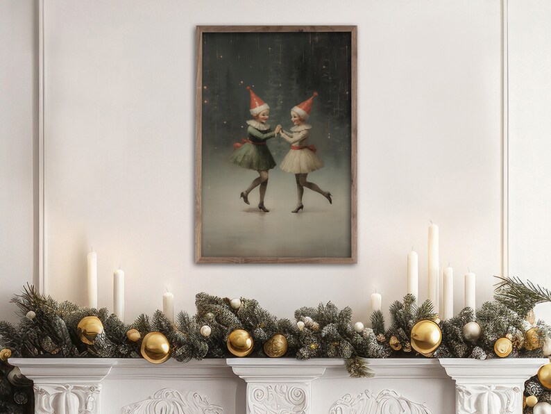 PRINTABLE Christmas Elf Dance Print, Two Jolly Santa Elves Wall Art ...