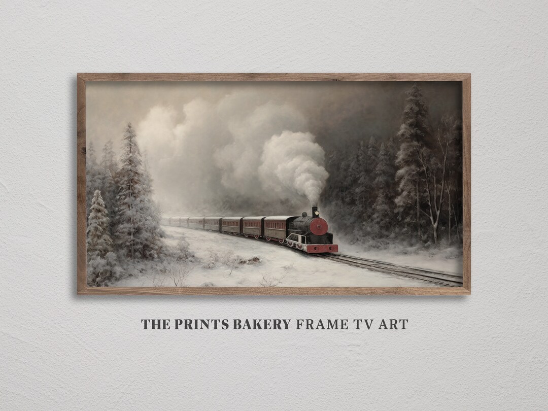 FRAME TV ART Winter Christmas Red Train, Vintage Snowscape Rustic ...
