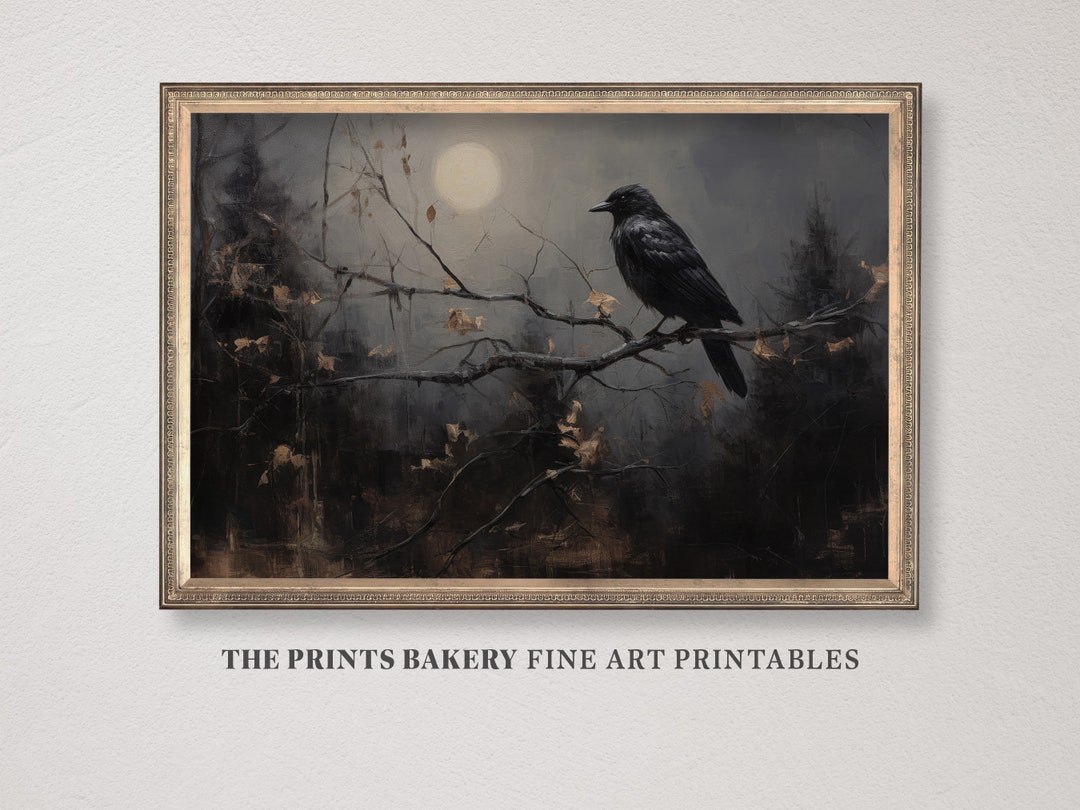 PRINTABLE Halloween Vintage Wall Art, Moody Raven Witchy Painting ...