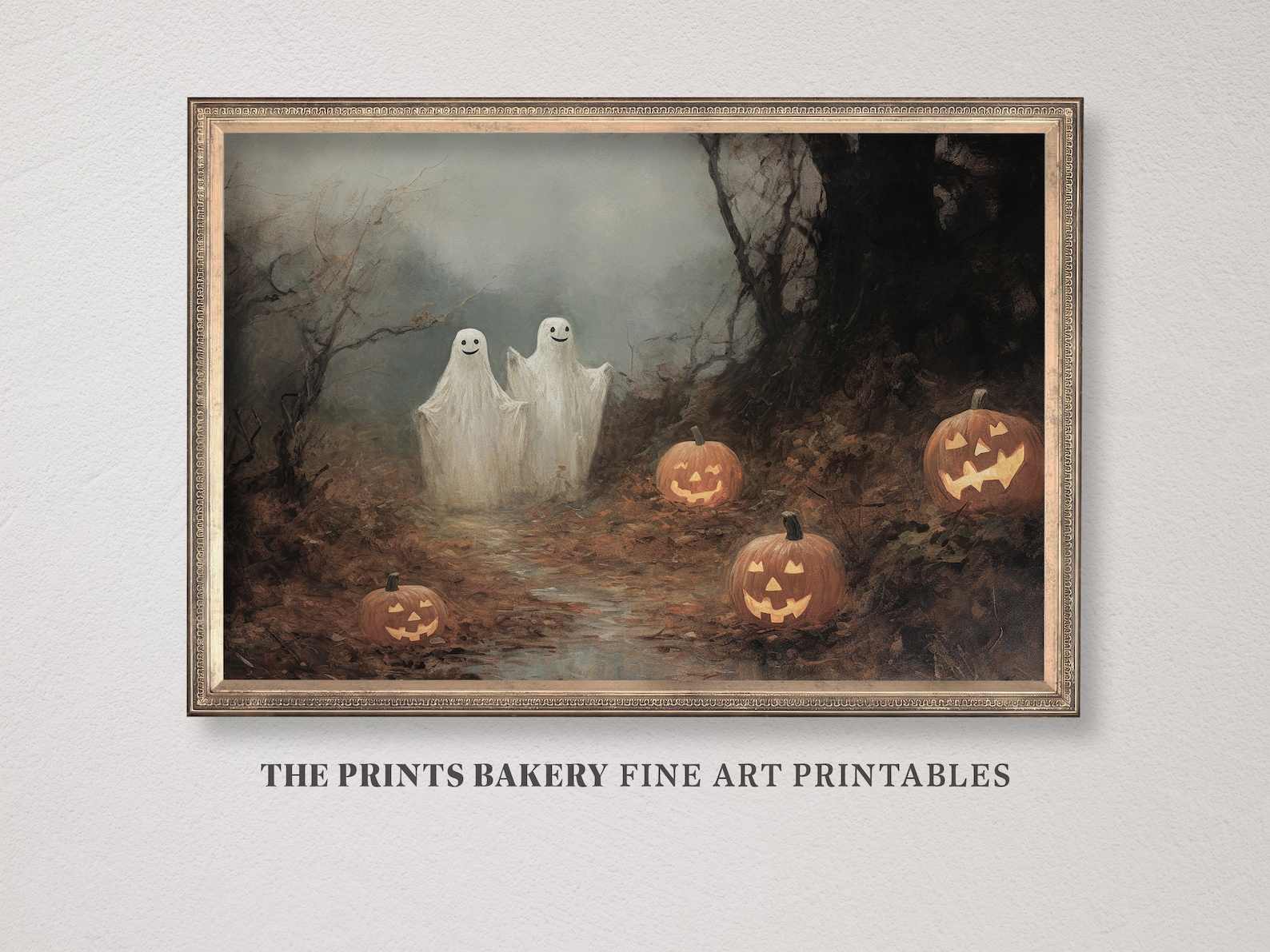 PRINTABLE Halloween Ghost Print, Cute Ghosts in Haunted Forest Wall Art ...