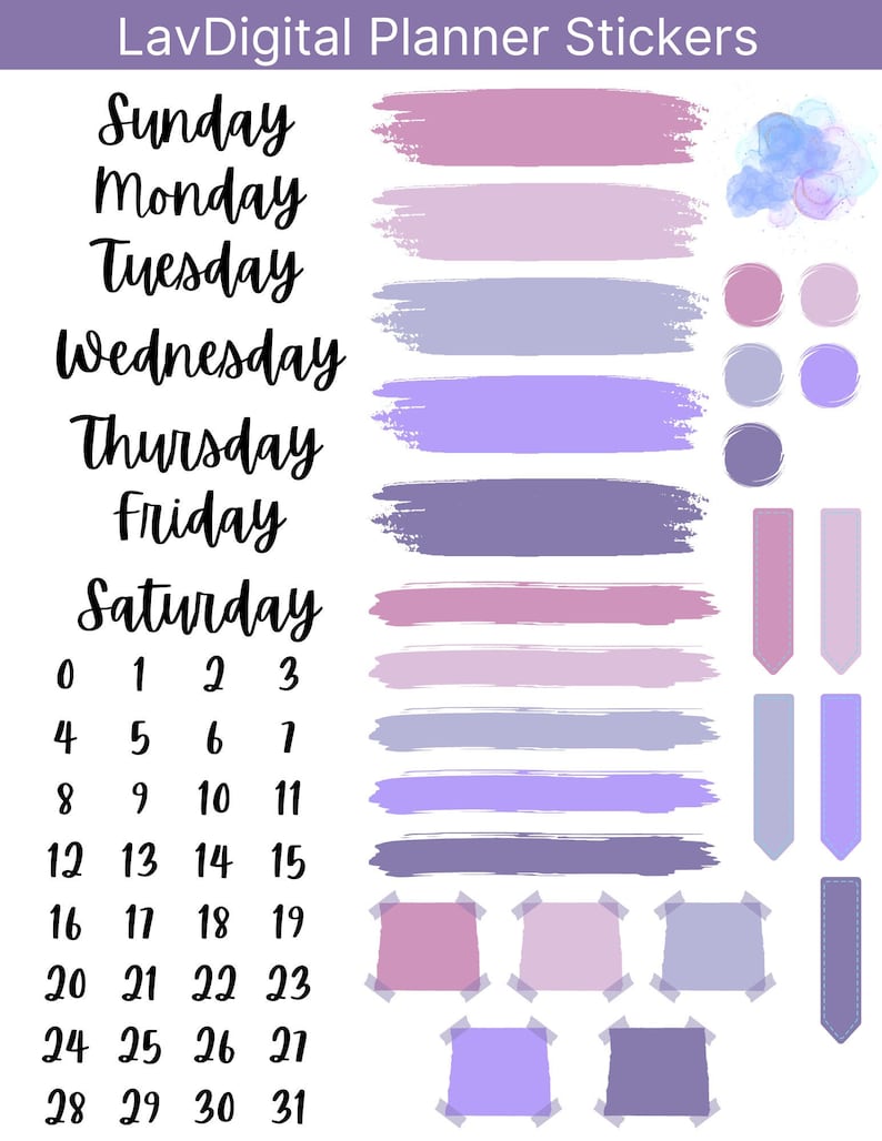 Goodnotes Digital Planner Stickers, Digital Sticker Page, Purple ...