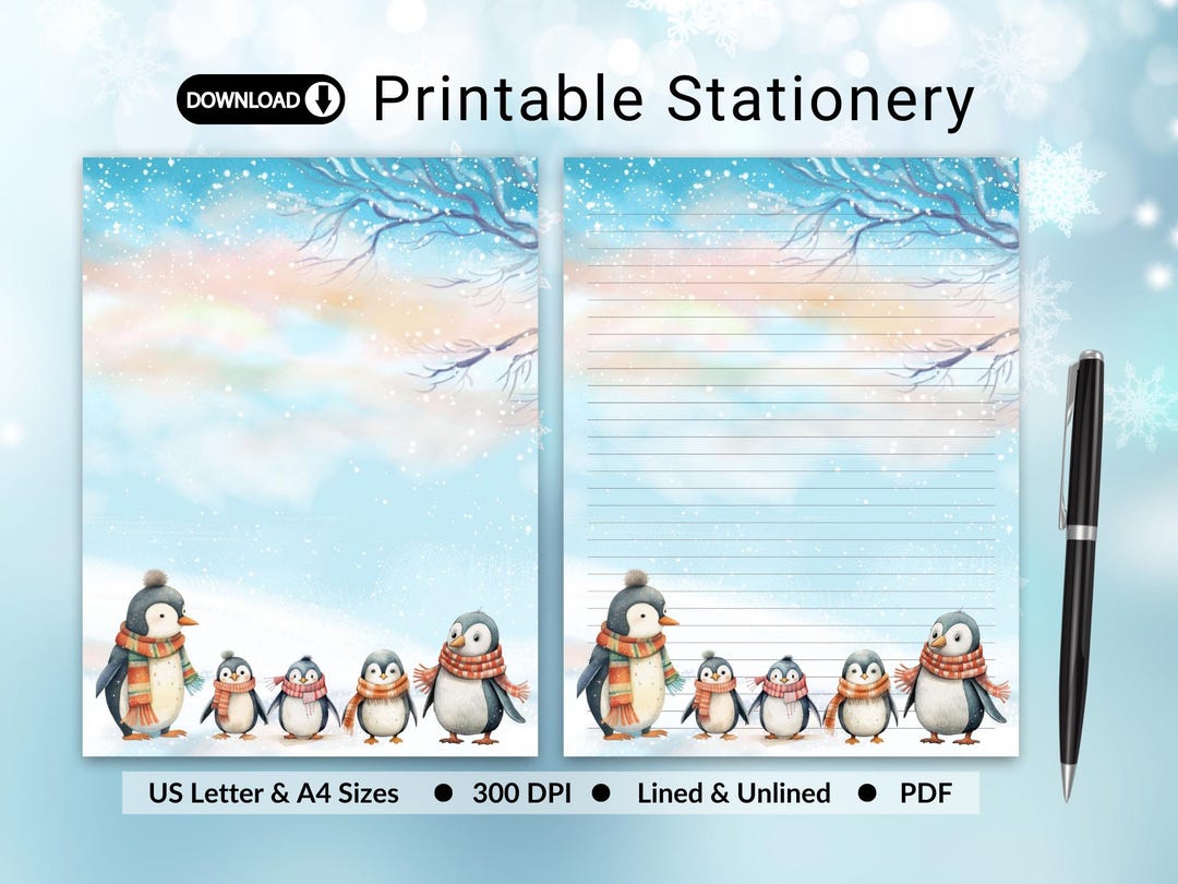 Stationery Set, Cute Penguin Family, Letter Writing Paper, Digital Note ...