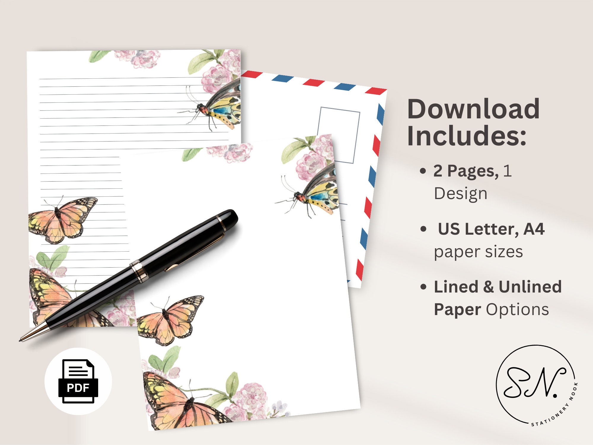 Stationery Printable Butterfly Watercolor Letter Writing Set Digital ...