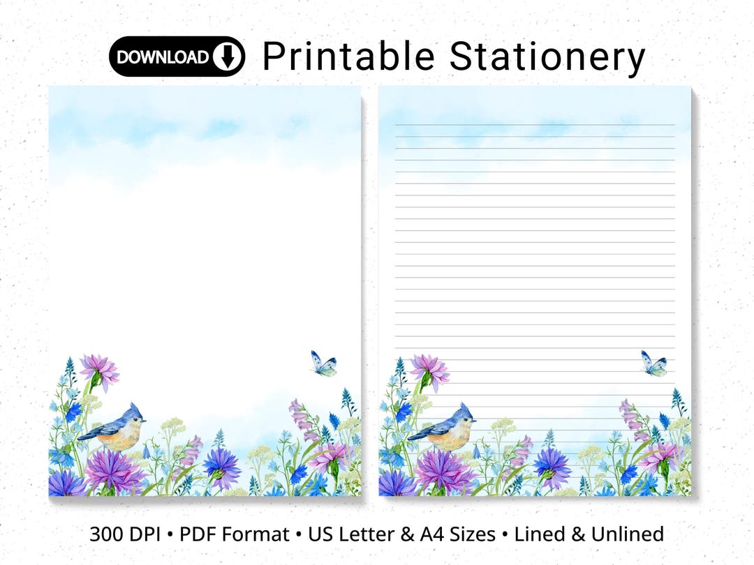Writing Paper, Blue Wildflowers, Printable Floral Stationery, Lined ...