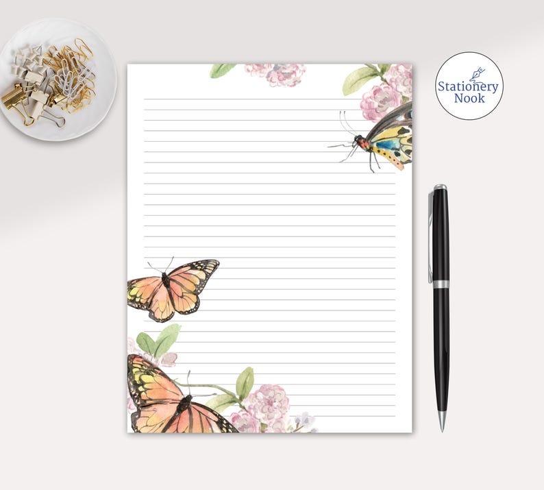 Writing Paper, Butterflies Watercolor, Insect Stationery, Lined ...