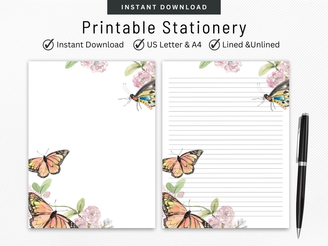 Stationery Printable Butterfly Watercolor Letter Writing Set Digital ...