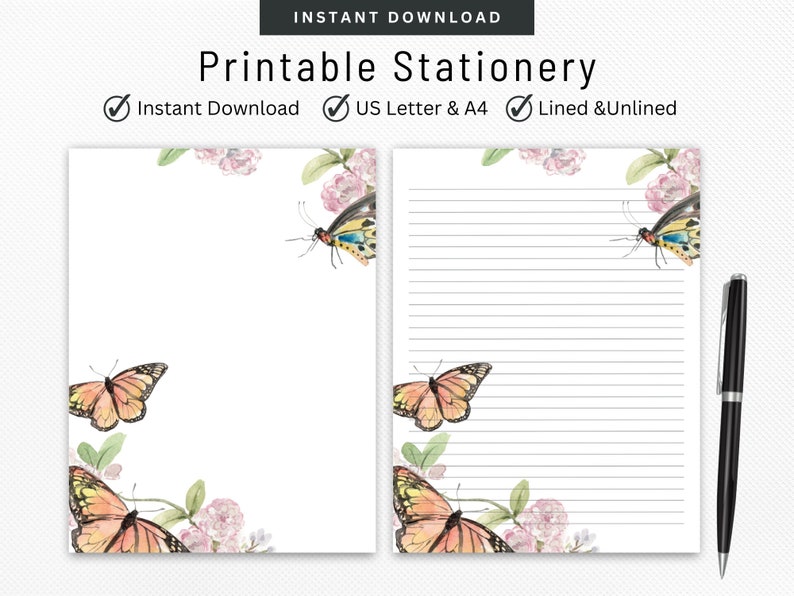 Stationery Printable Butterfly Watercolor Letter Writing Set Digital ...