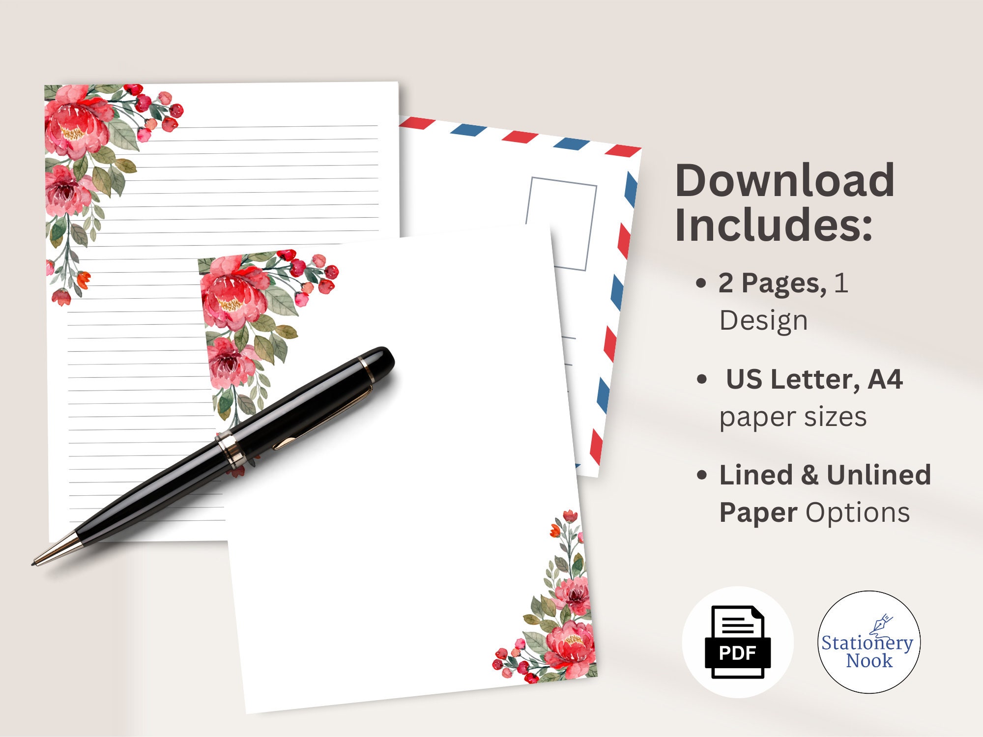 Stationery Set, Red Floral, Letter Writing Set, Digital Note Taking ...