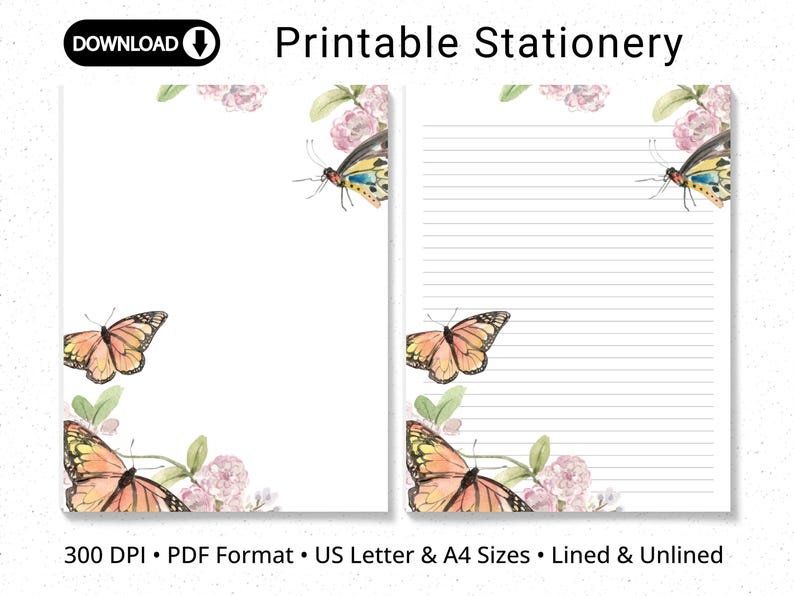 Writing Paper, Butterflies Watercolor, Insect Stationery, Lined ...