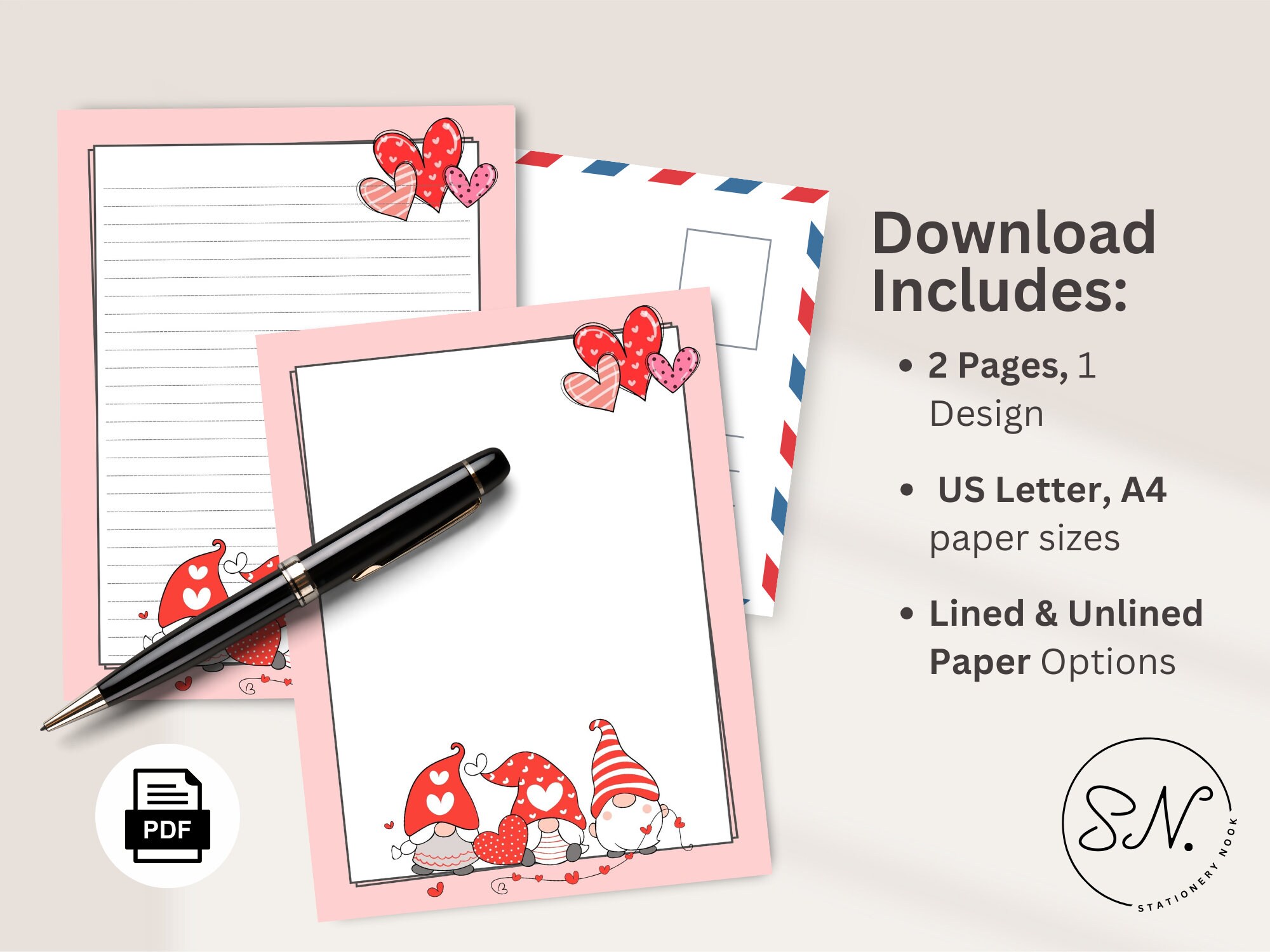 Cute Gnome Valentine Stationery, Letter Writing, Lined and Unlined Note ...