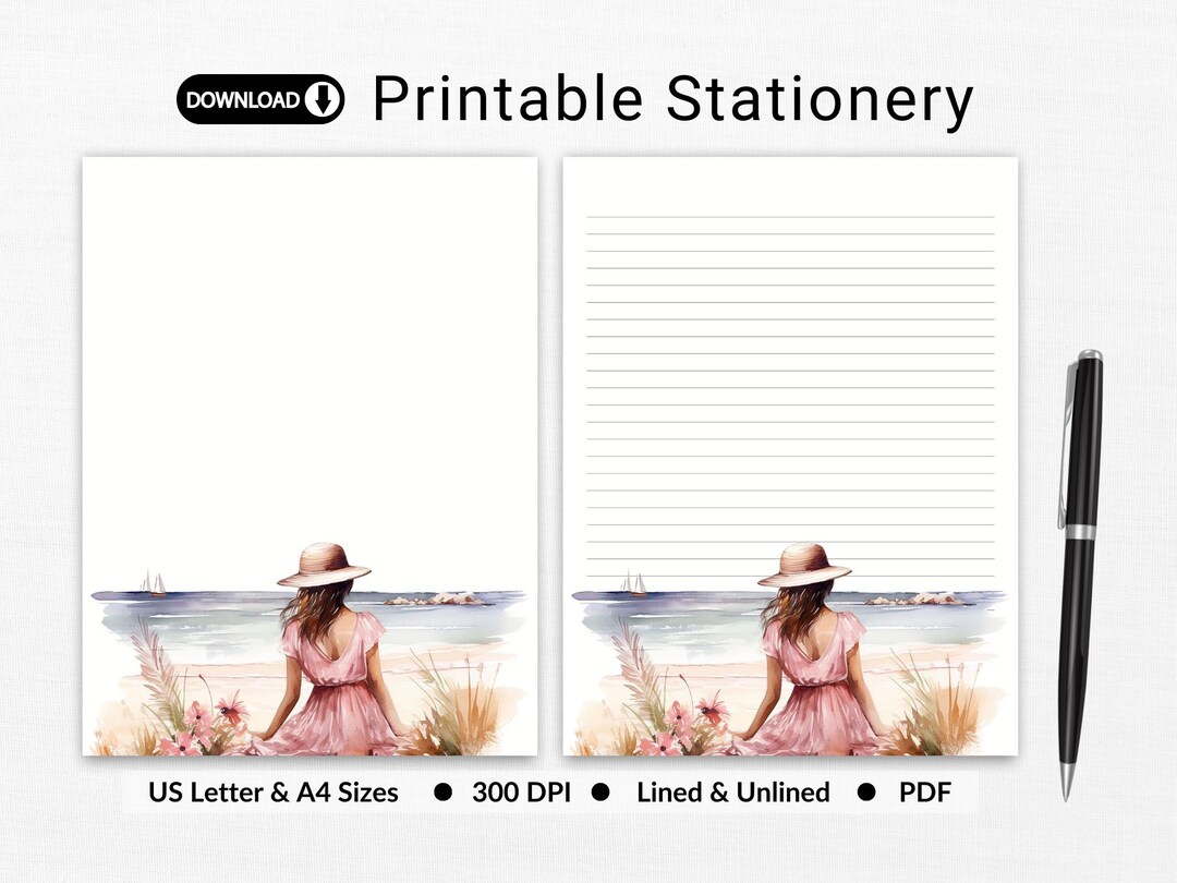 Beach Scene Letter Writing Paper, Tropical Printable Stationery ...