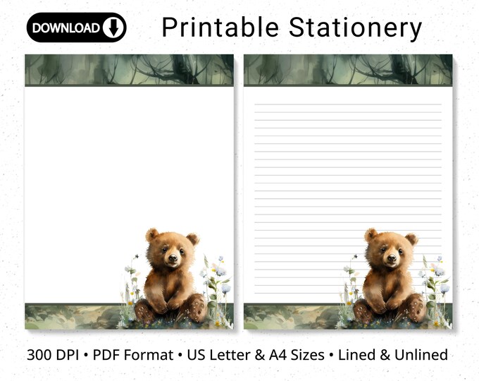 Cute Forest Animals Printable Stationery / Digital Note Paper / Instant ...