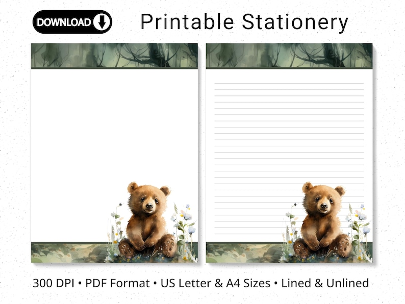Cute Bear, Letter Writing Paper, Printable Animal Stationery, A4 & US ...