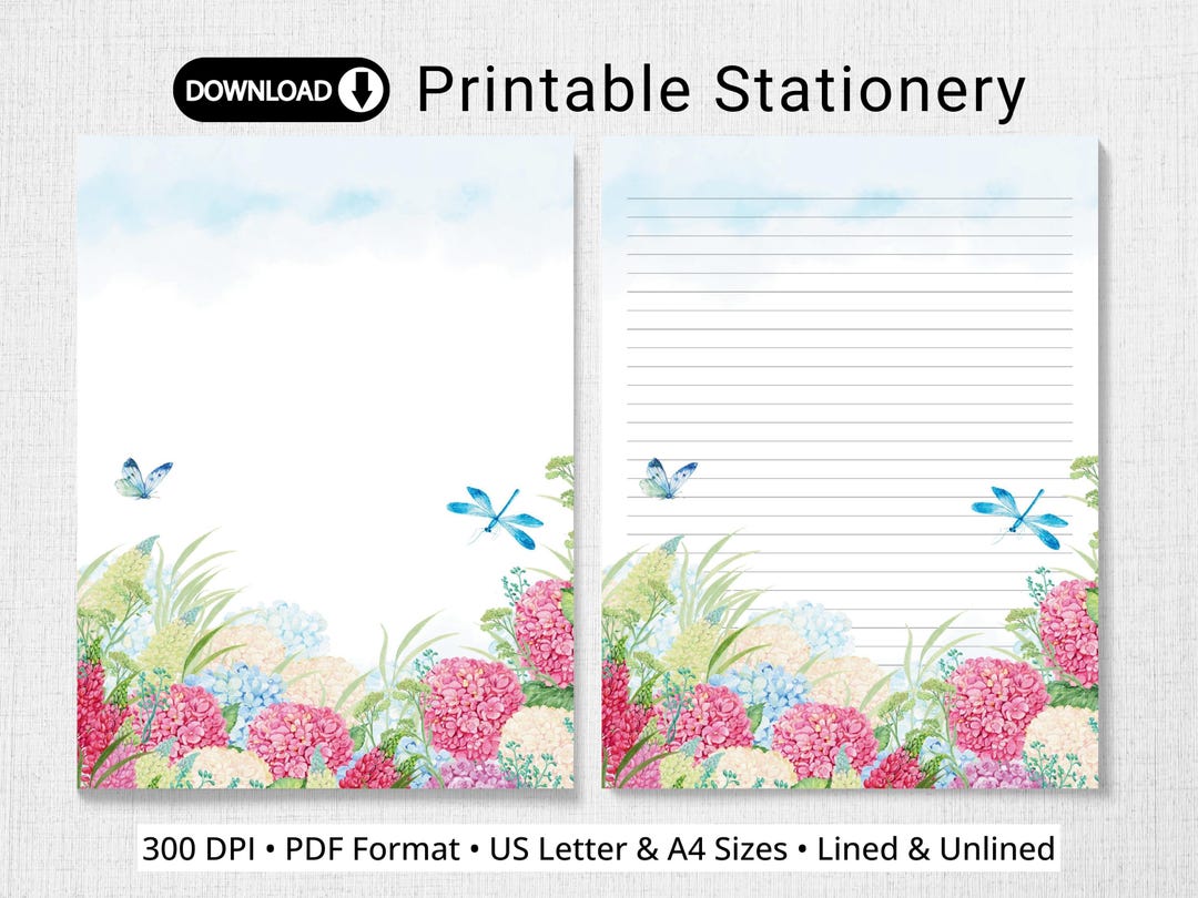 Writing Paper, Floral Hydrangea, Printable Butterfly Stationery, Lined ...