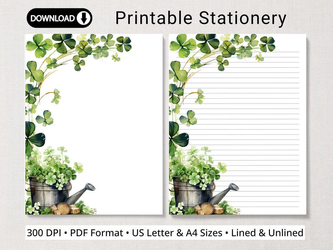 St. Patrick's Day Writing Paper, Shamrock and Watering Can, Lined ...