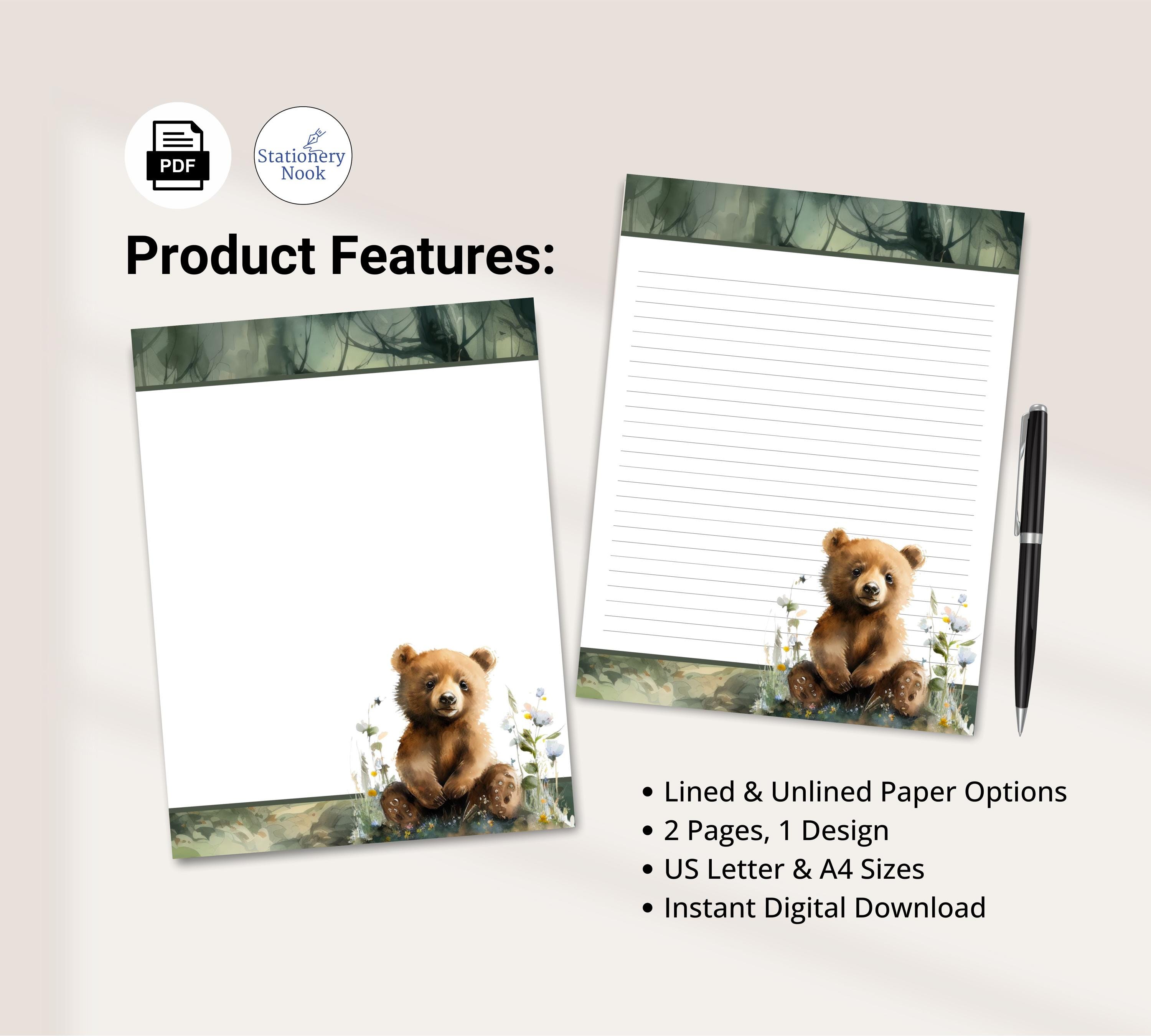 Cute Bear, Letter Writing Paper, Printable Animal Stationery, A4 & US ...