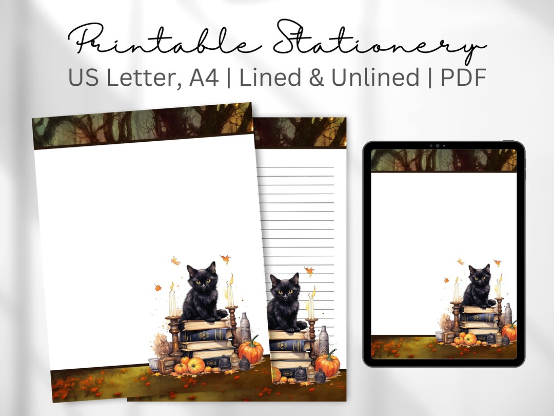 Halloween Cat Stationery, Letter Writing, Lined & Unlined Note Paper ...