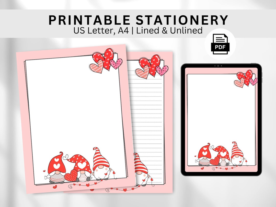 Cute Gnome Valentine Stationery, Letter Writing, Lined and Unlined Note ...