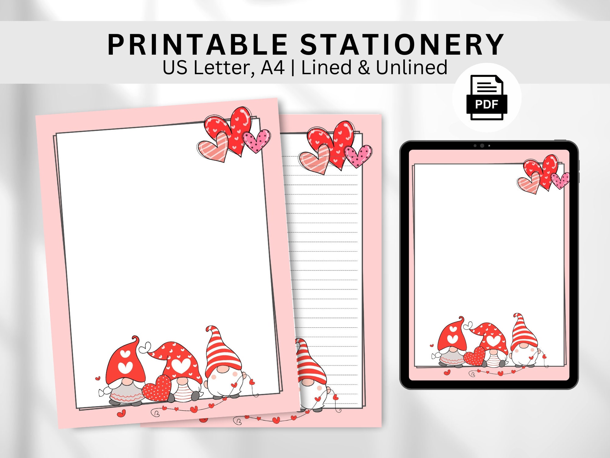 Cute Gnome Valentine Stationery, Letter Writing, Lined and Unlined Note ...