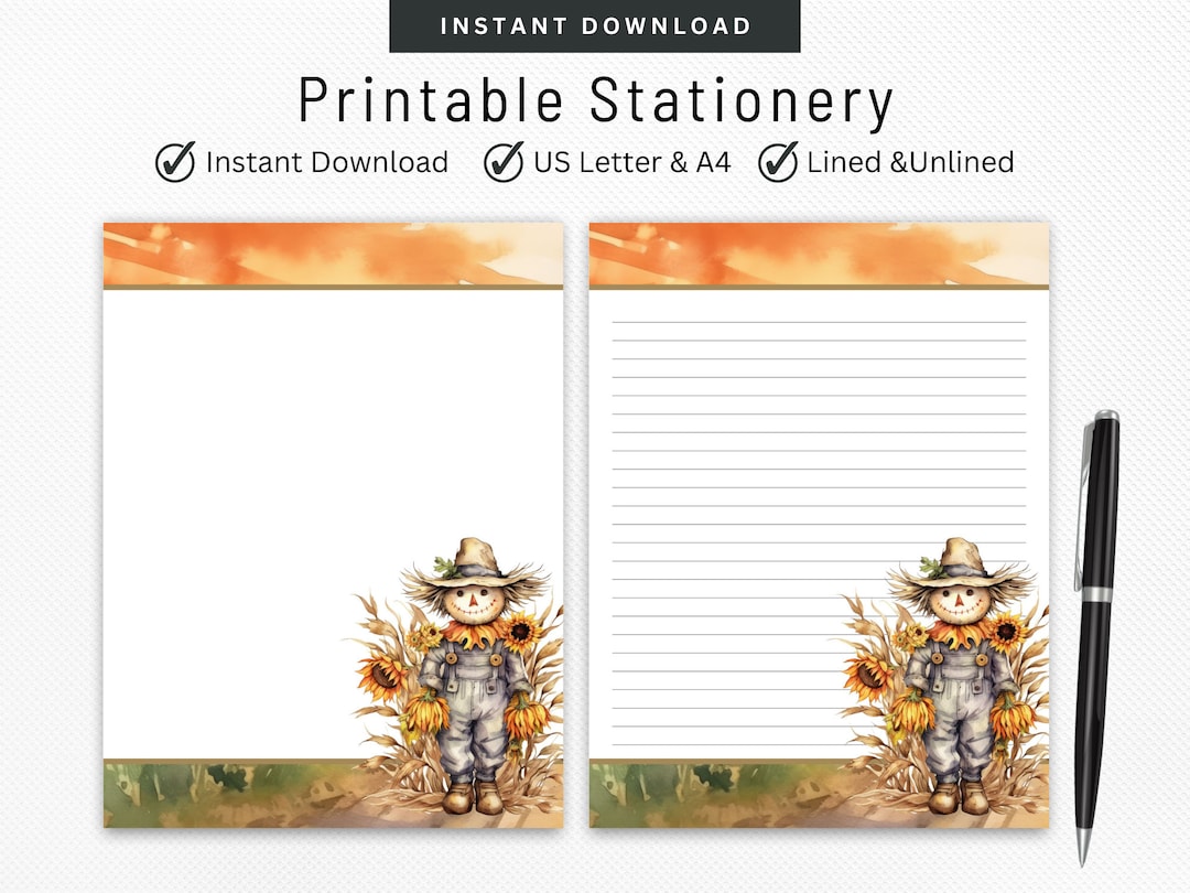 Fall Stationery Cute Scarecrow Letter Writing Set Autumn Theme Digital ...
