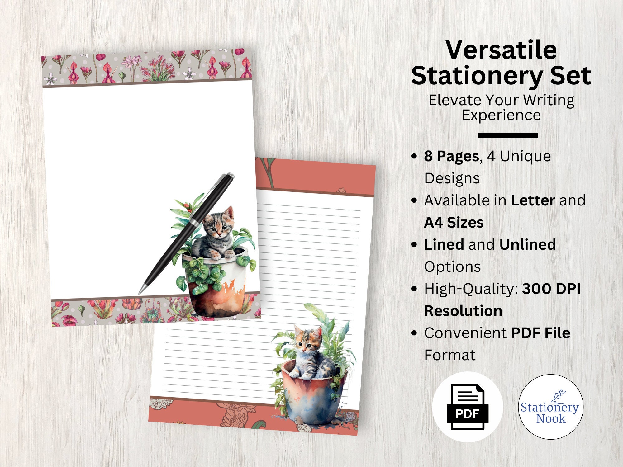 Stationery Set, Cute Cats, Letter Writing Paper, Watercolor Design ...