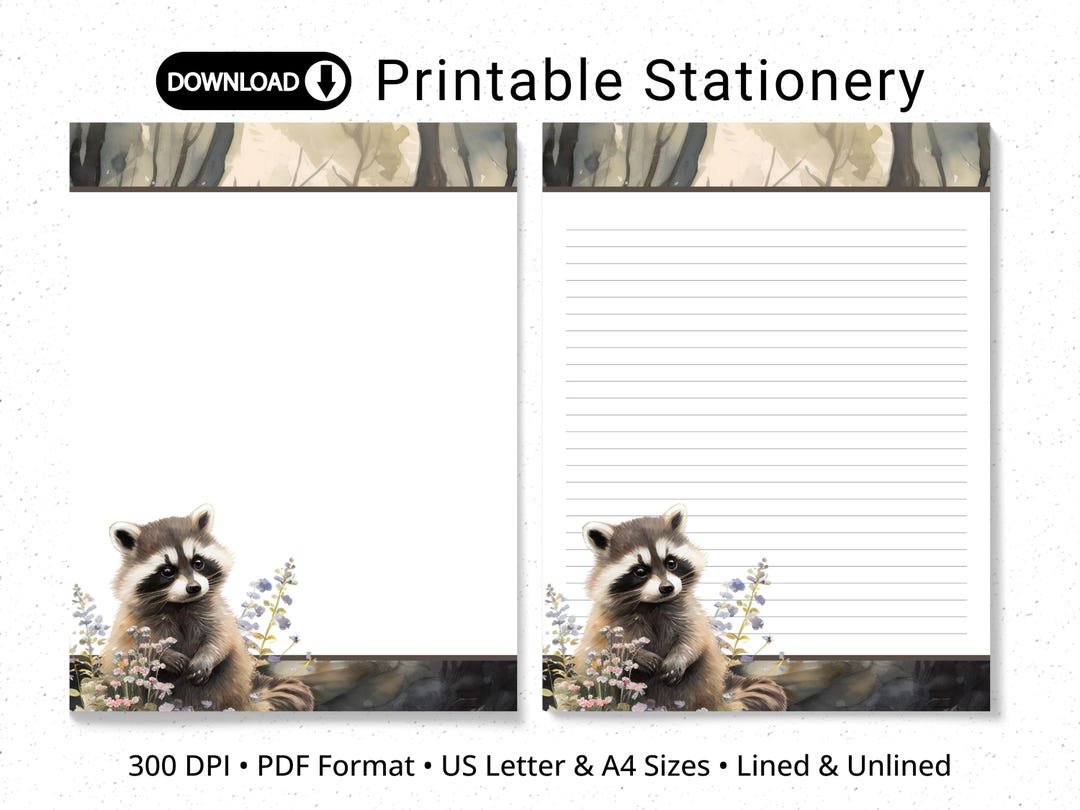 Writing Paper, Cute Raccoon, Printable Animal Stationery, Lined ...