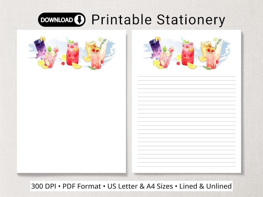 Writing Paper, Summer Drinks, Tropical Fruit Cocktail Stationery, Lined ...