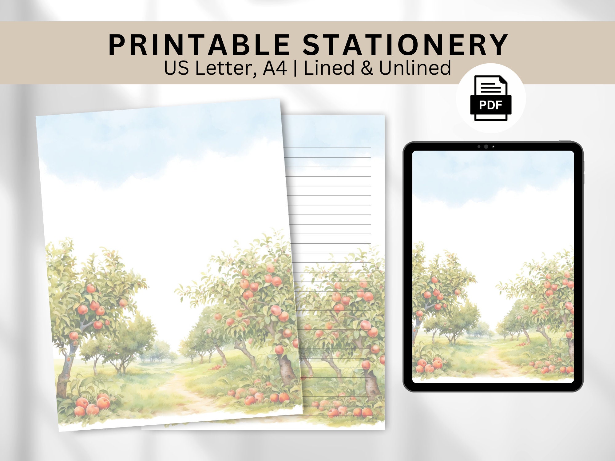 Autumn Stationery Apple Orchard Landscape Letter Writing Set Digital ...