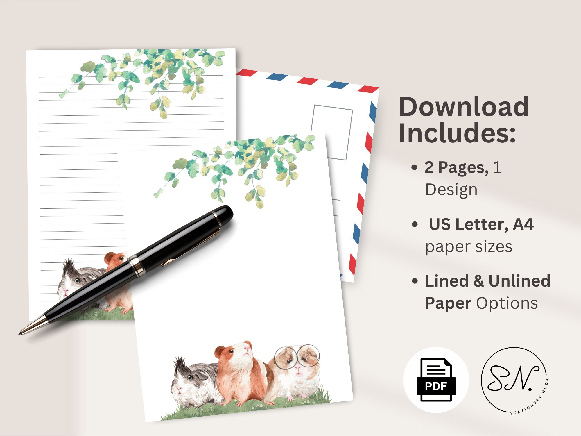 Stationery Set, Cute Guinea Pigs, Letter Writing Set, Digital Note ...