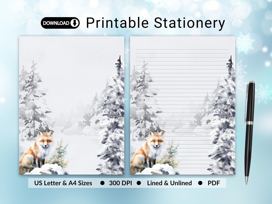 Winter Fox, Letter Writing Paper, Printable Winter Stationery, A4 & US ...