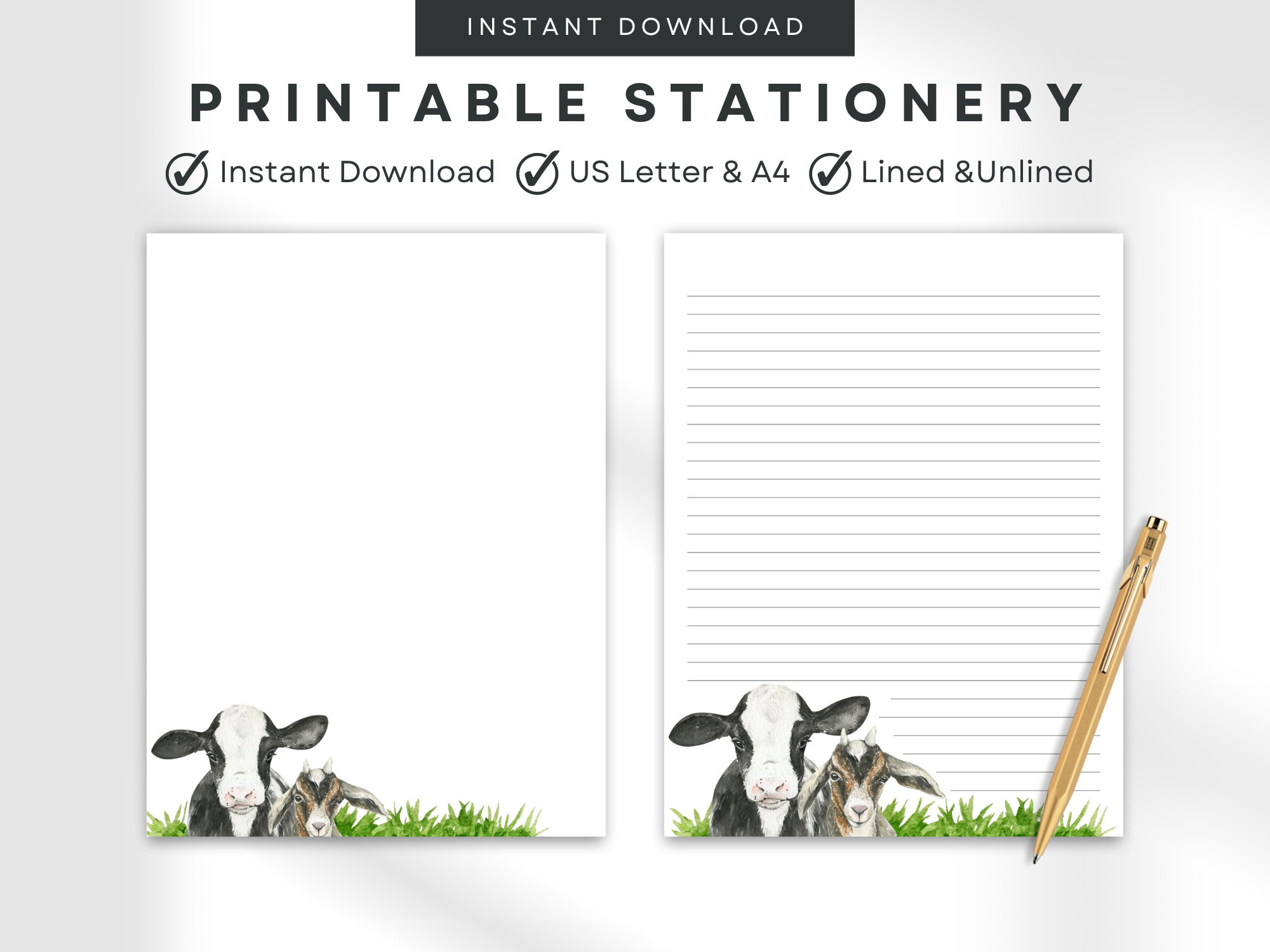 Stationery Set, Cow and Goat, Letter Writing Paper, Minimalist Design ...
