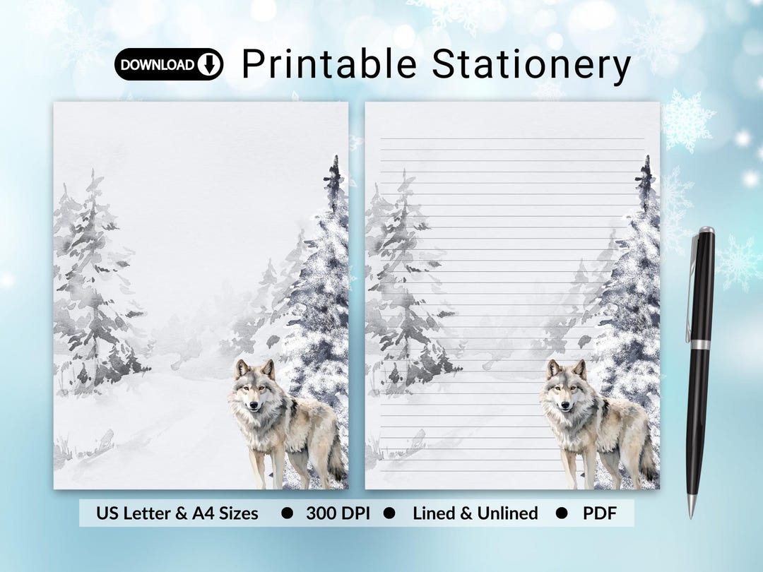 Winter Wolf, Letter Writing Paper, Printable Winter Stationery, A4 & US ...