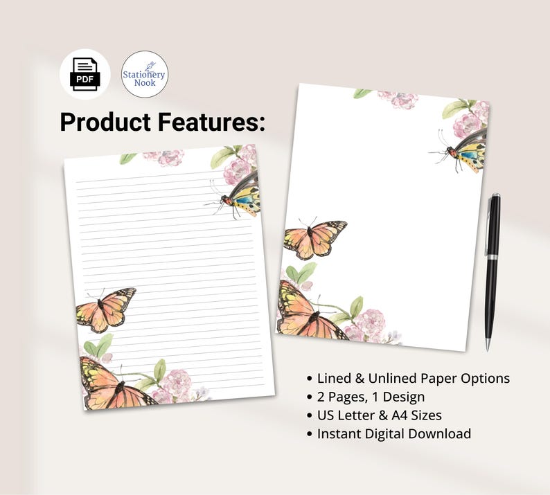 Writing Paper, Butterflies Watercolor, Insect Stationery, Lined ...