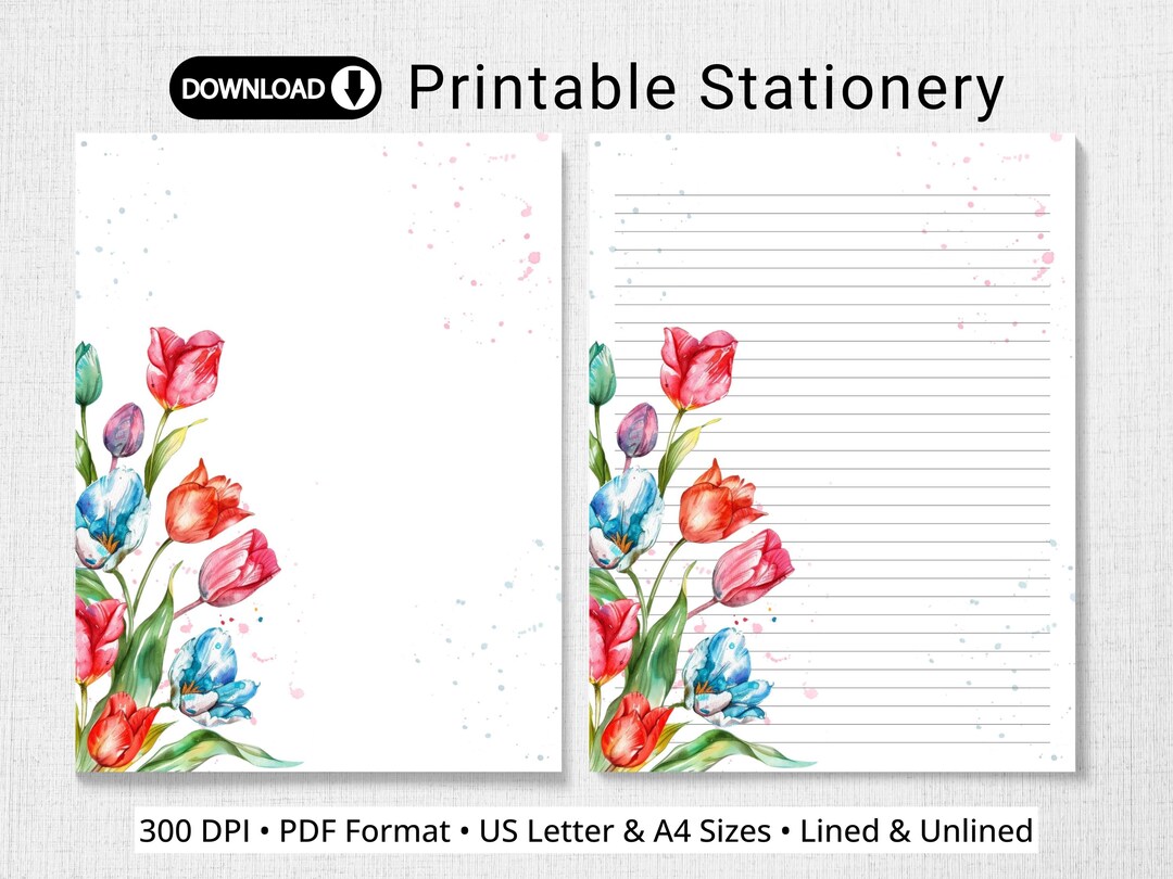 Writing Paper, Watercolor Tulips, Printable Floral Stationery, Lined ...