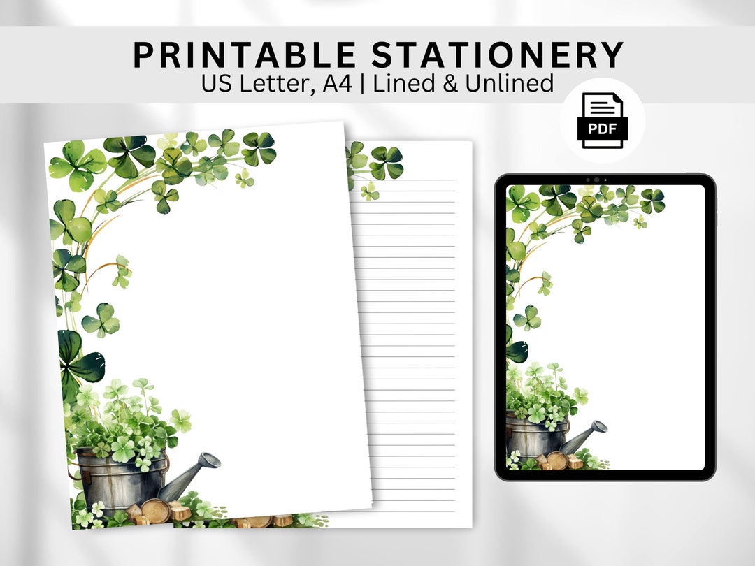 Four Leaf Clover Stationery, Letter Writing, Lined and Unlined Note ...