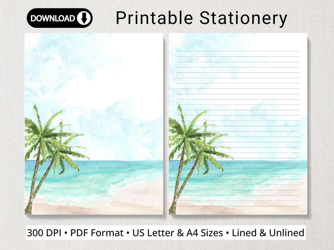 Letter Writing Paper, Tropical Beach, Beach Scene Stationery, Lined ...