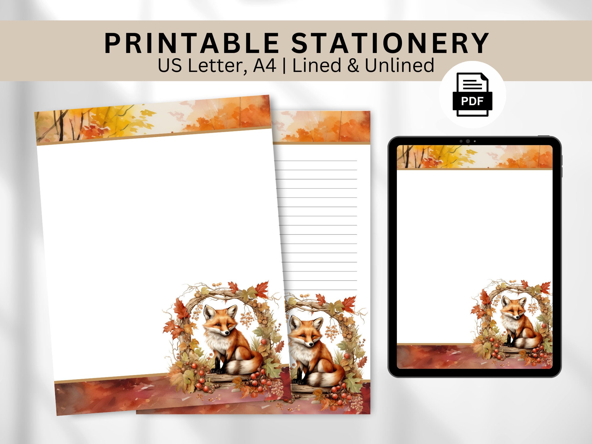 Autumn Fox Stationery, Letter Writing, Lined & Unlined Note Paper, US ...