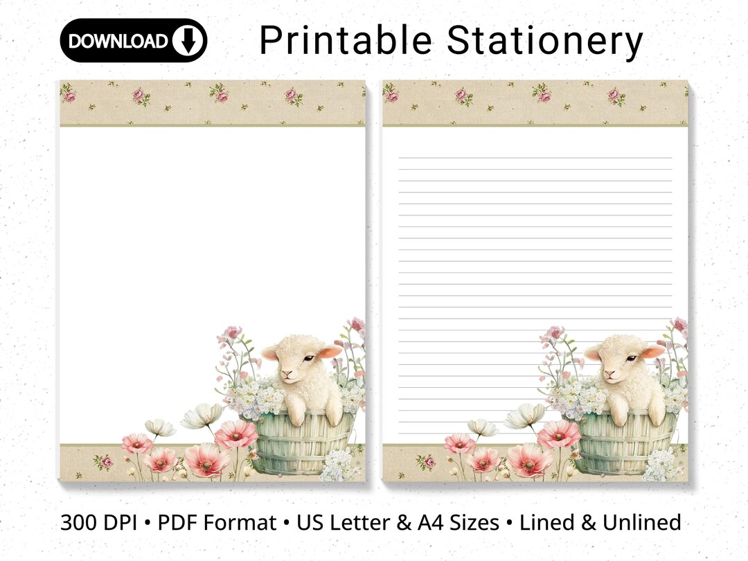 Easter Stationery, Cute Lamb, Letter Writing Set, Lined & Unlined Note ...