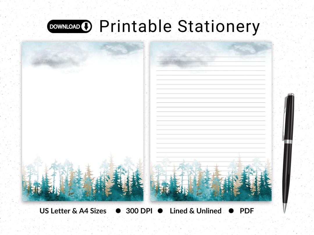 Stationery Set, Forest and Cloud, Letter Writing Set, Watercolor Design ...