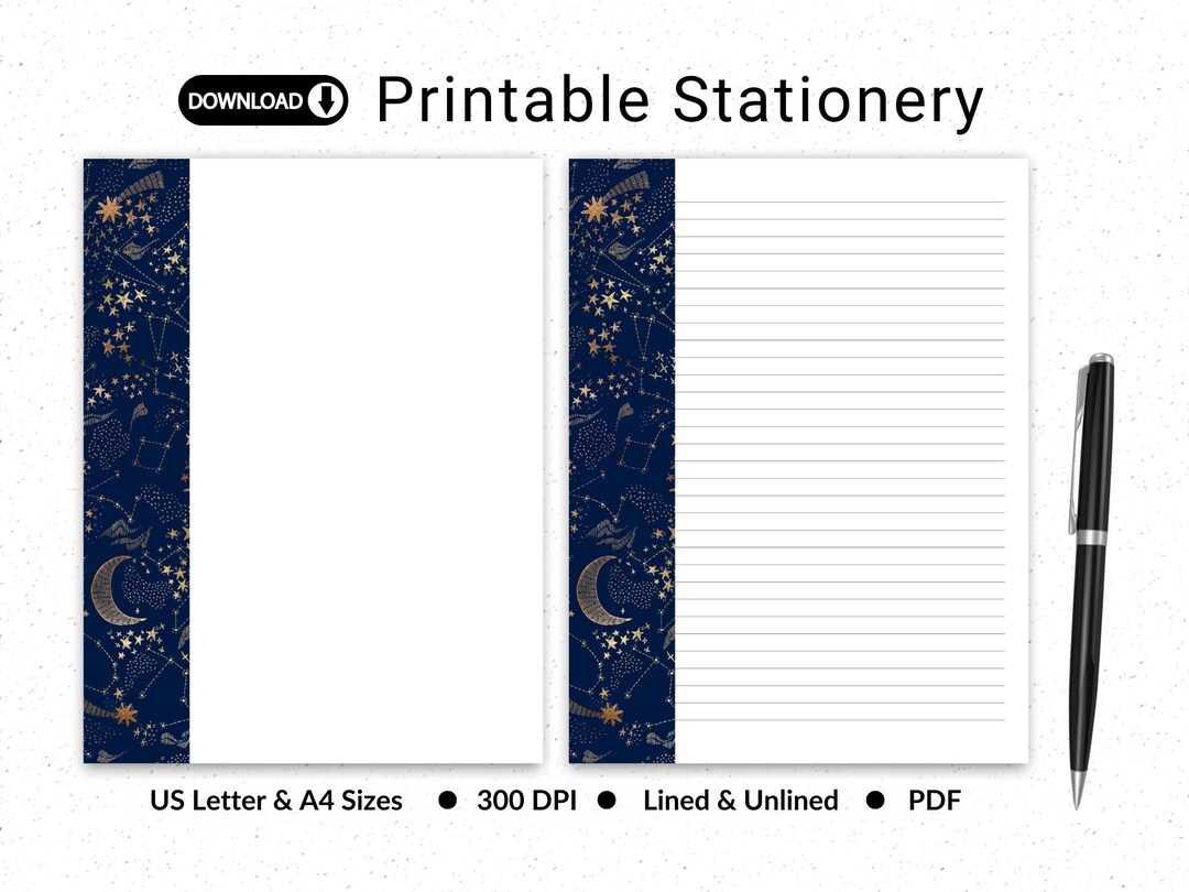 Moon and Stars, Letter Writing Paper, Printable Celestial Stationery ...