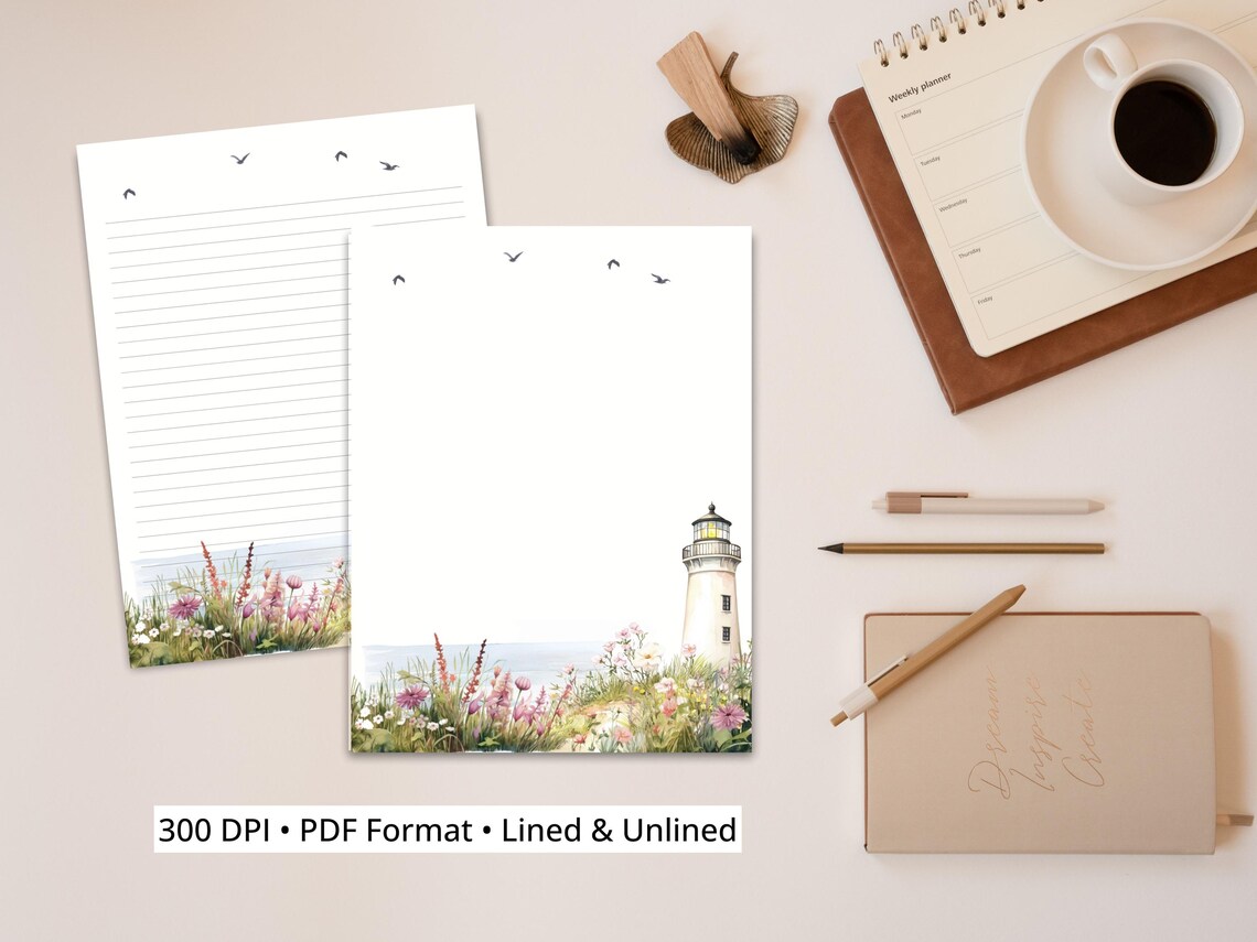 Writing Paper, Coastal Lighthouse, Beach Stationery, Lined & Unlined ...