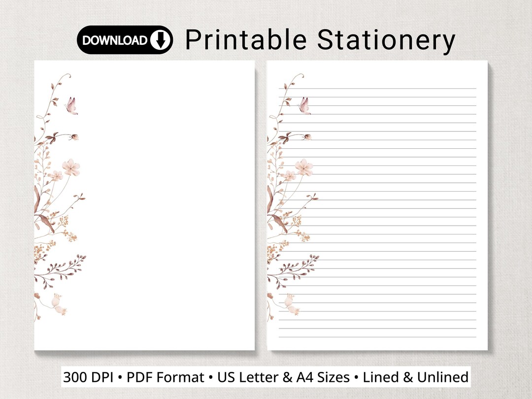 Writing Paper, Butterfly and Floral Border, Printable Stationery, Lined ...