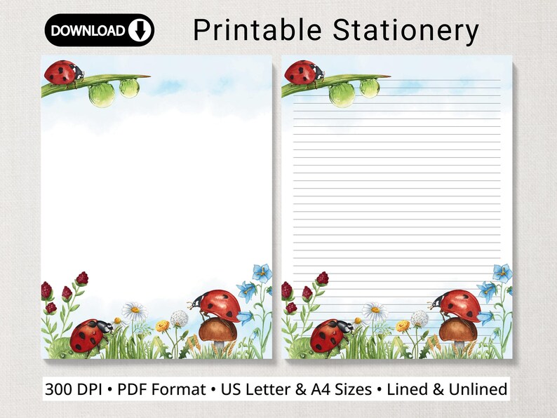 Ladybugs and Wildflowers, Letter Writing Paper, Printable Spring Insect ...