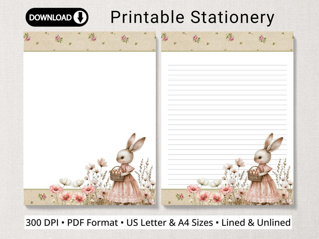 Easter Stationery, Pink Bunny, Letter Writing Set, Lined & Unlined Note ...