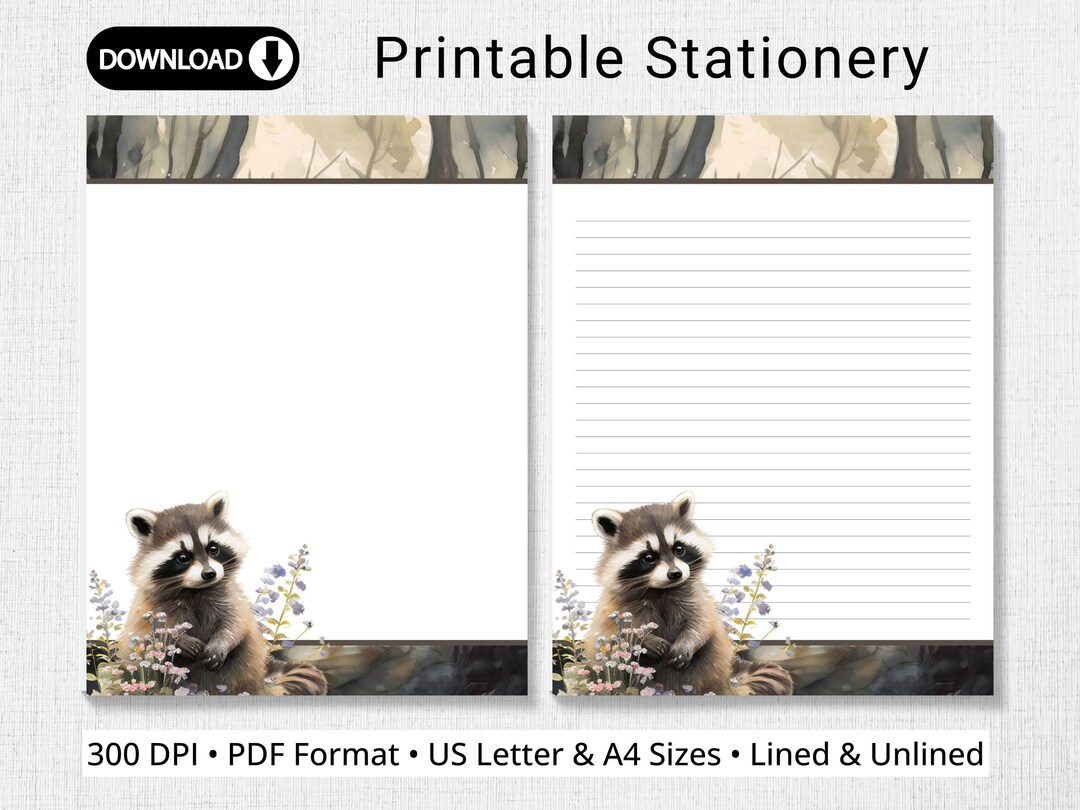 Cute Raccoon, Letter Writing Paper, Printable Animal Stationery, A4 ...