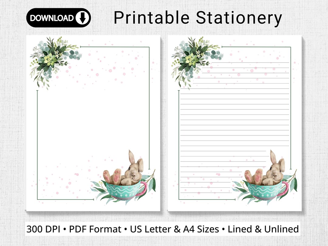 Easter Stationery, Bunny in a Teacup, Letter Writing Set, Lined ...