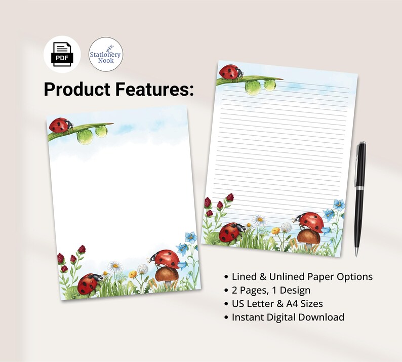 Ladybugs and Wildflowers, Letter Writing Paper, Printable Spring Insect ...